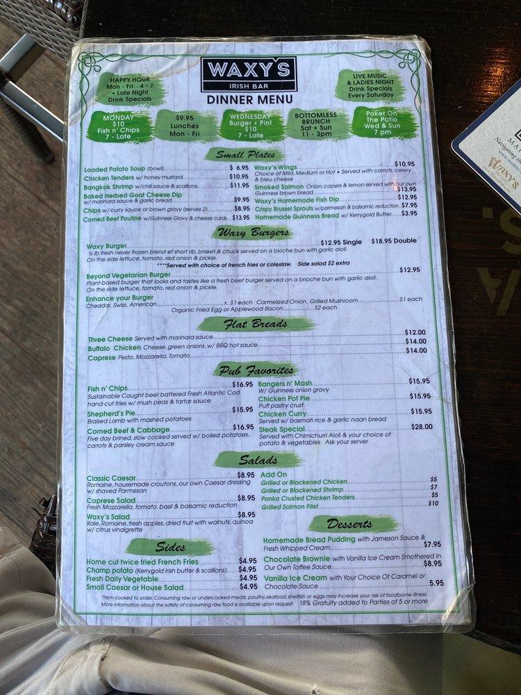 Menu at Waxy's Irish Pub, Fort Lauderdale
