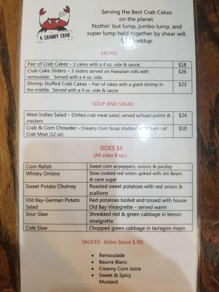 Menu at A Cranky Crab restaurant, New York City