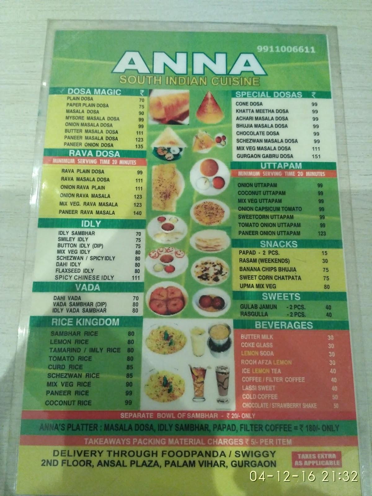 Menu at Anna, Gurugram