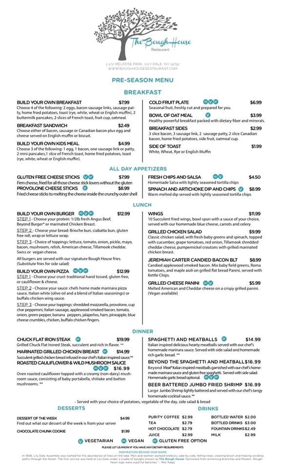 Menu at Bough House Restaurant, Lily Dale