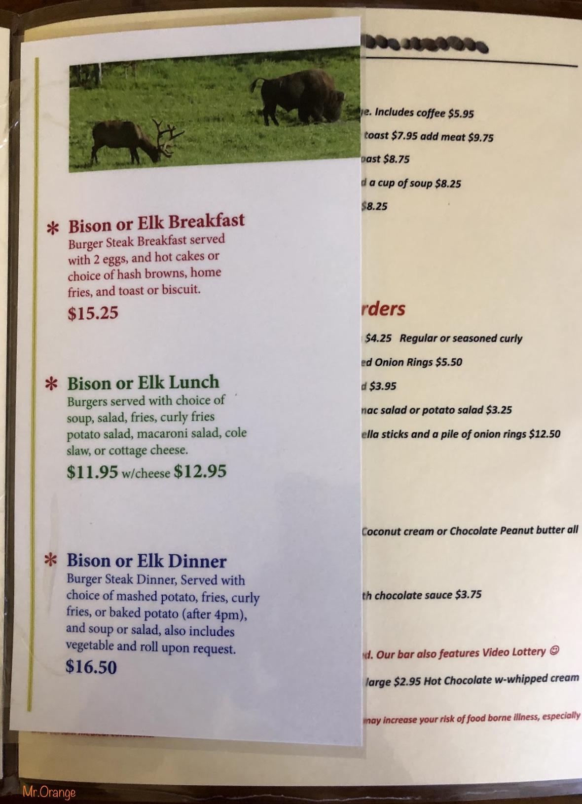 Menu at Cinders Cafe, USA