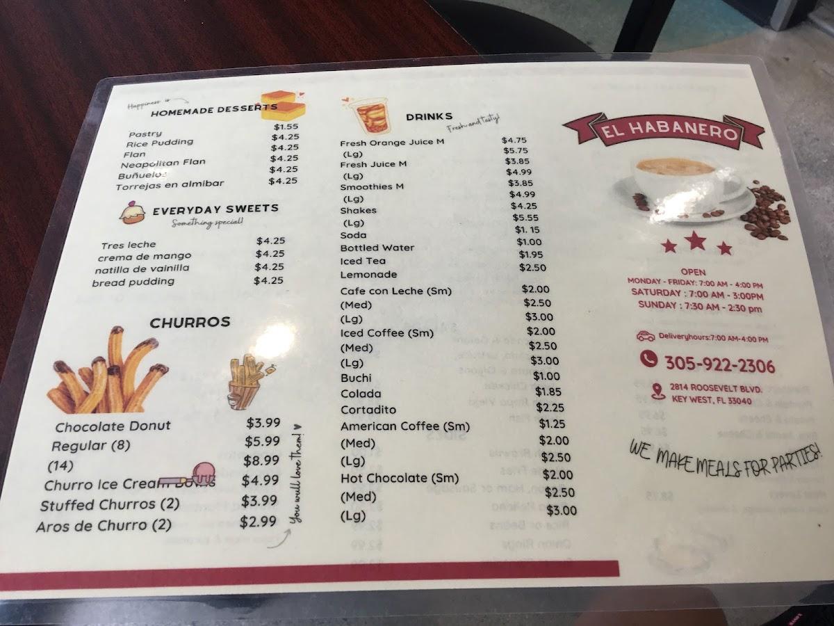 Menu at El Habanero Cafe Cubano, Key West