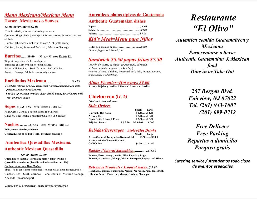 Menu at El Olivo restaurant, Fairview, 257 Bergen Blvd
