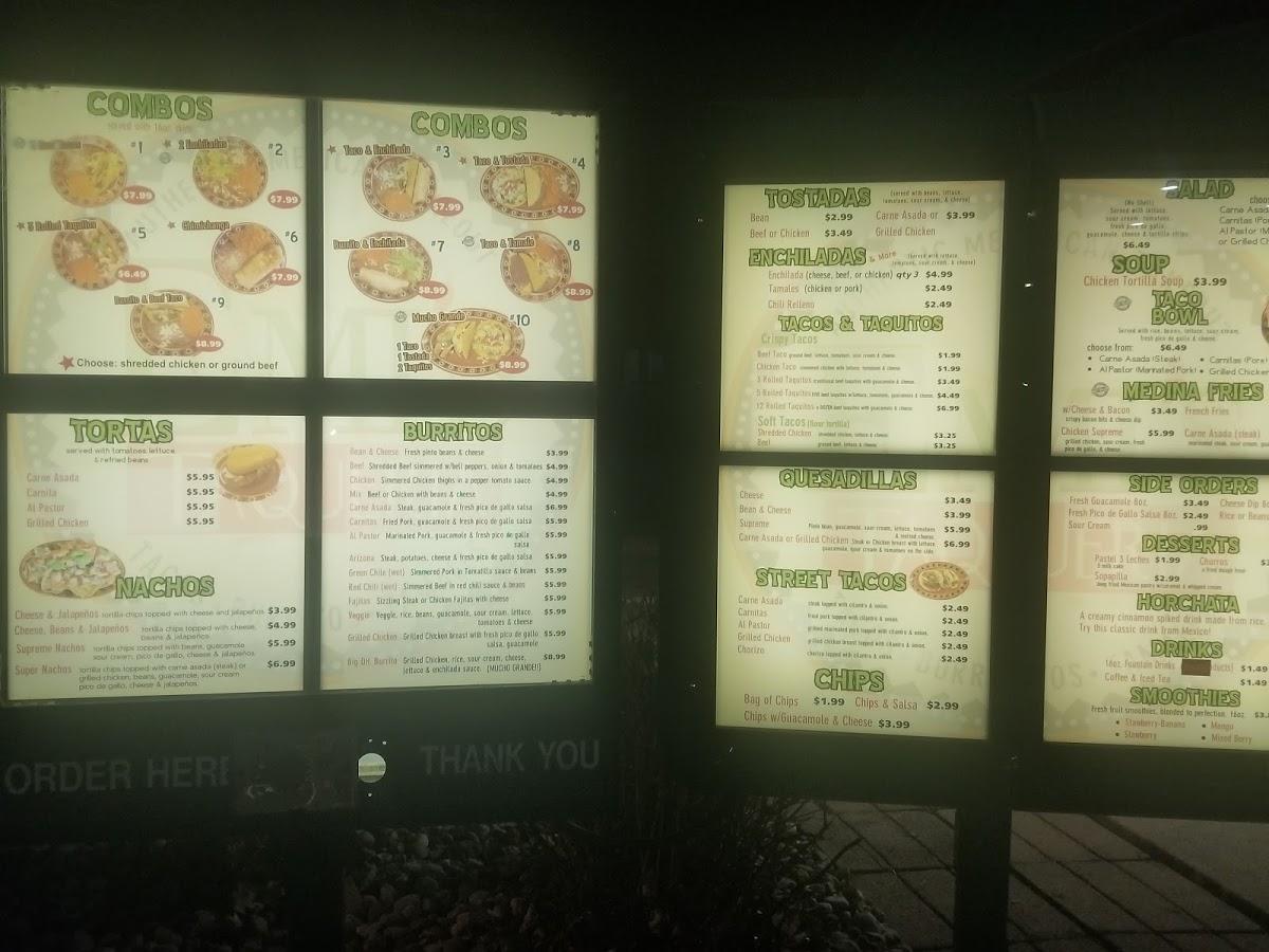 Menu at Emi's Taqueria restaurant, Medina