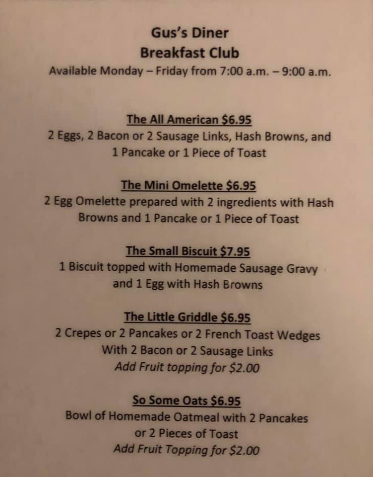 Menu at Gus' Diner restaurant, Rolling Meadows