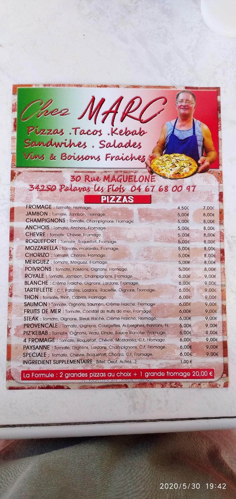 Menu au Pizza chez Marc pizzeria, Palavas-les-Flots, 30 Rue Maguelone