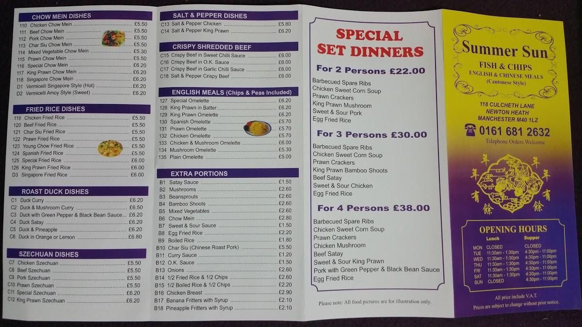 Menu at Summer Sun fast food, Manchester, 118 Culcheth Ln
