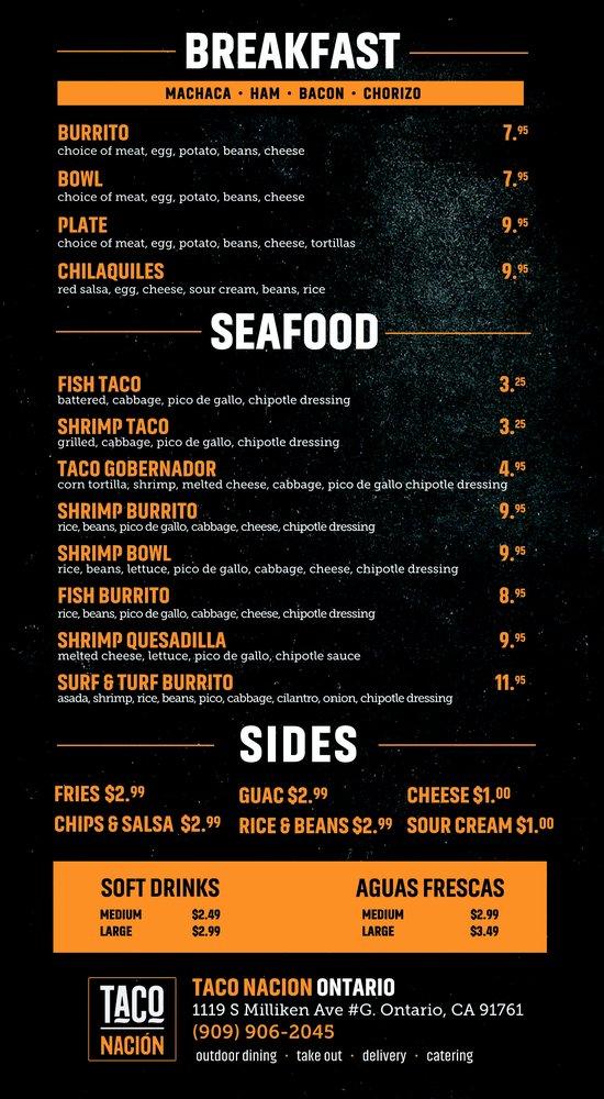 Menu at Taco Nacion restaurant, Ontario