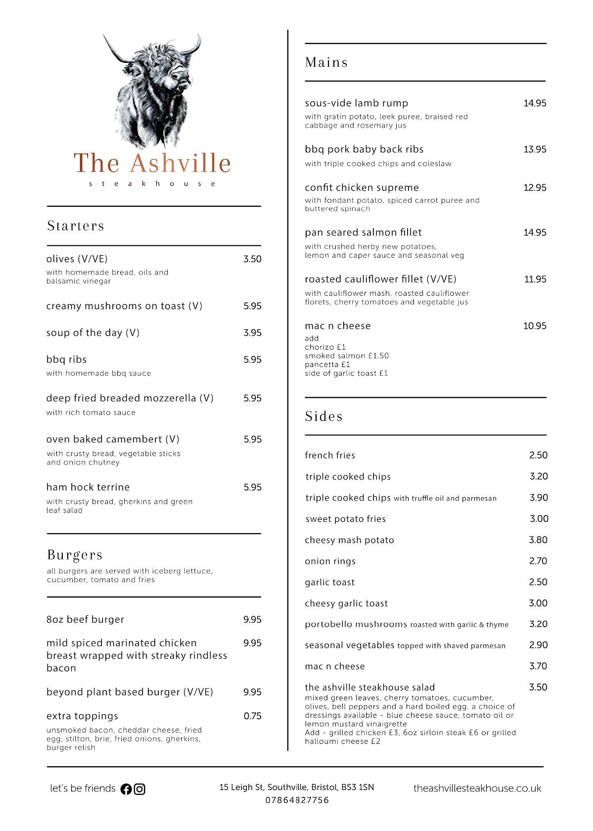 Menu at The Ashville Steakhouse, Bristol