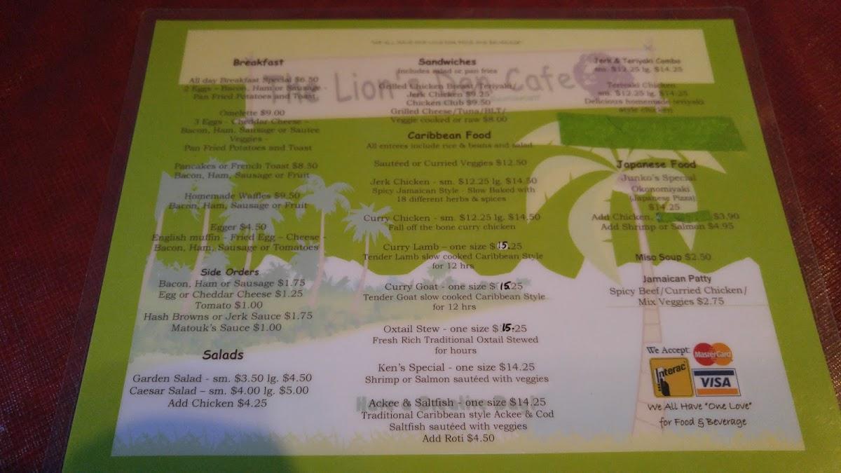 Carta de The Lion's Den Cafe, Vancouver