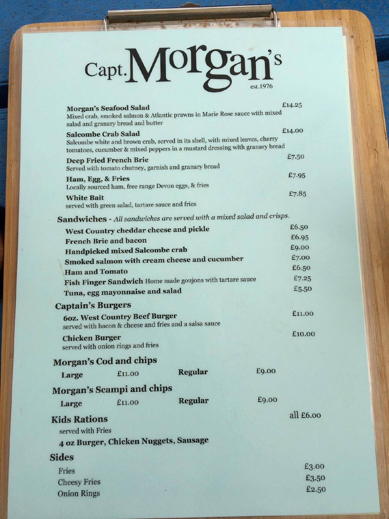 Carta del café Captain Morgan's, Salcombe