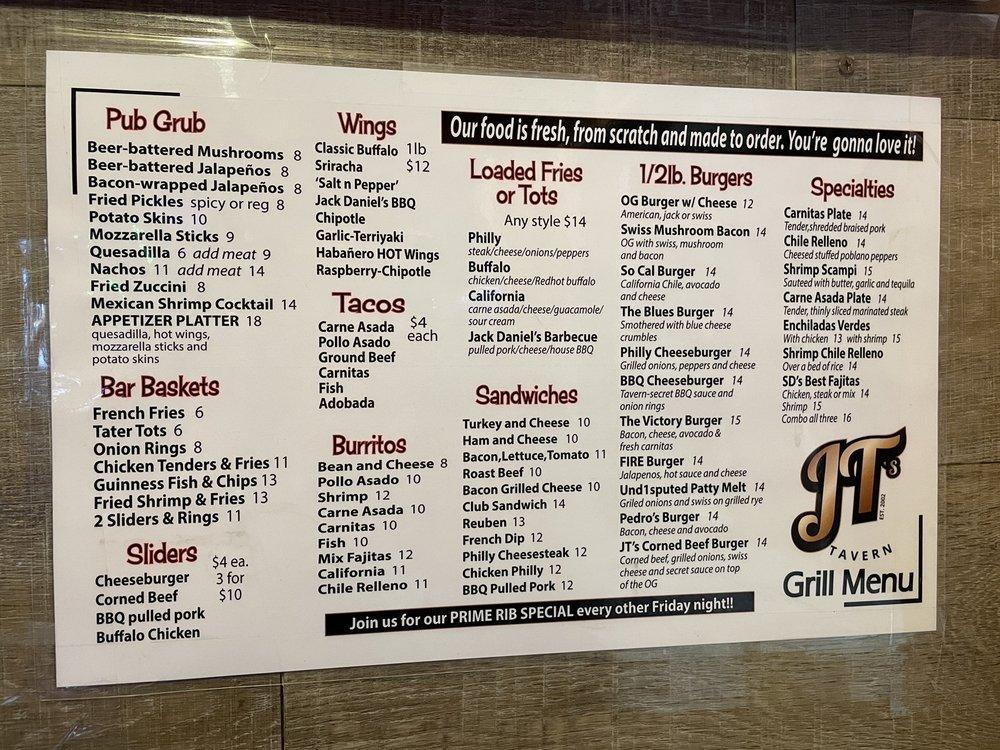 Menu at JT's Tavern pub & bar, San Diego