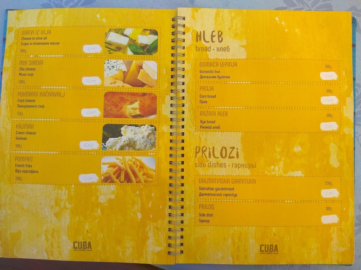Menu at Cuba Libre restaurant, Mirišta, Zanjice bb