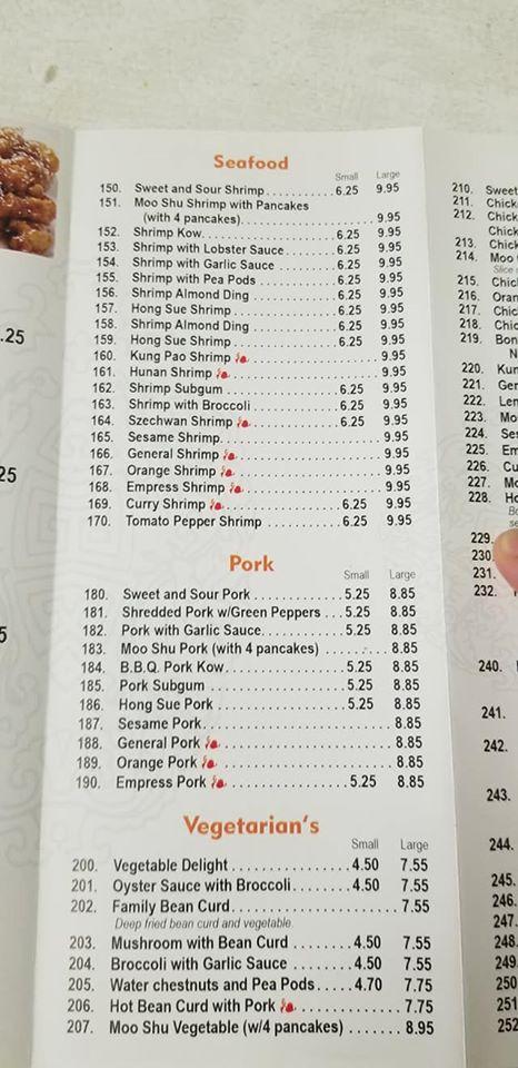 Menu at Ming's Garden restaurant, Marengo