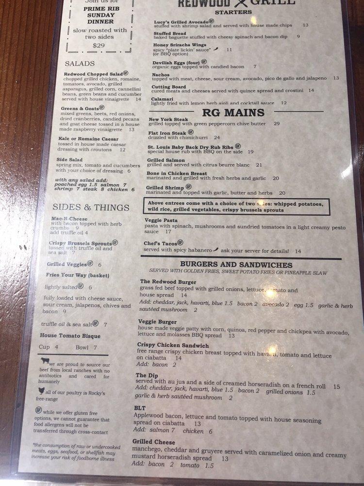 Menu at Redwood Grill pub & bar, Redwood City, 356 Woodside Plz