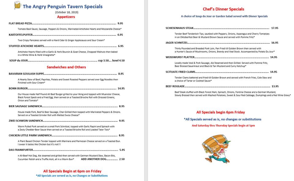 Menu at The Angry Penguin Tavern pub & bar, Waterford