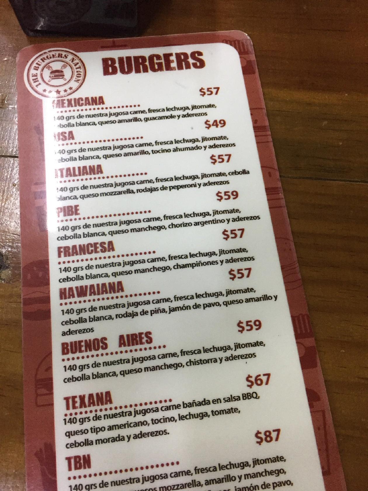 Menu at The Burgers Nation Pte restaurant, Tuxtla Gutiérrez, 1 Norte #1030