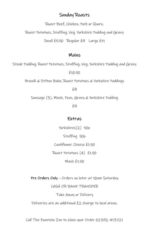 Menu at The Fountain Inn pub & bar, Rowlands Castle