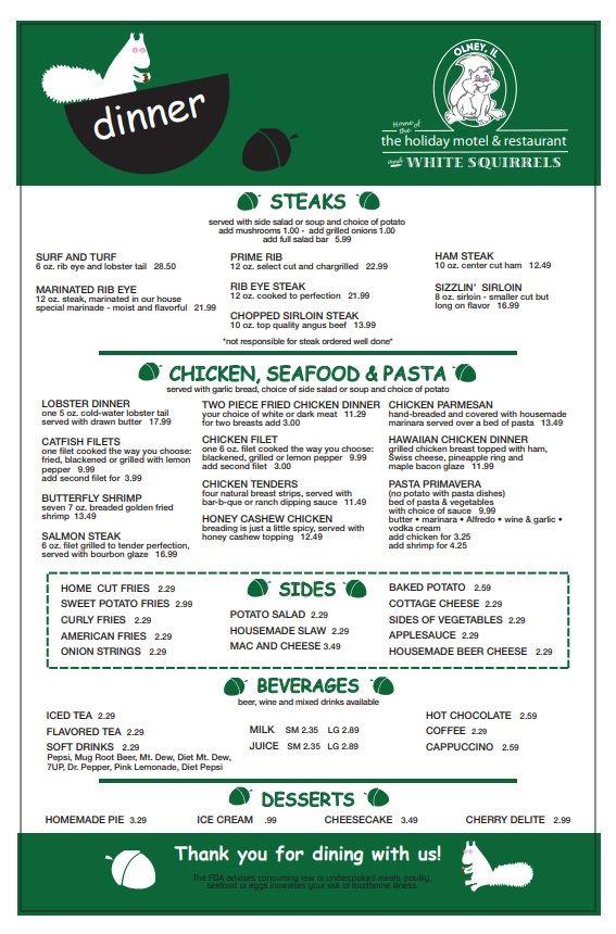 Menu at The Holiday steakhouse, Olney