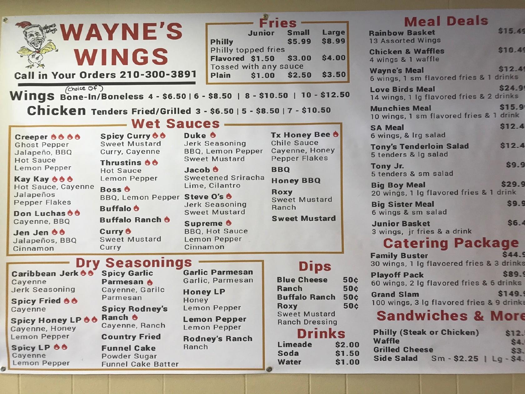 Menu at Wayne's Wings restaurant, San Antonio, Walzem Rd