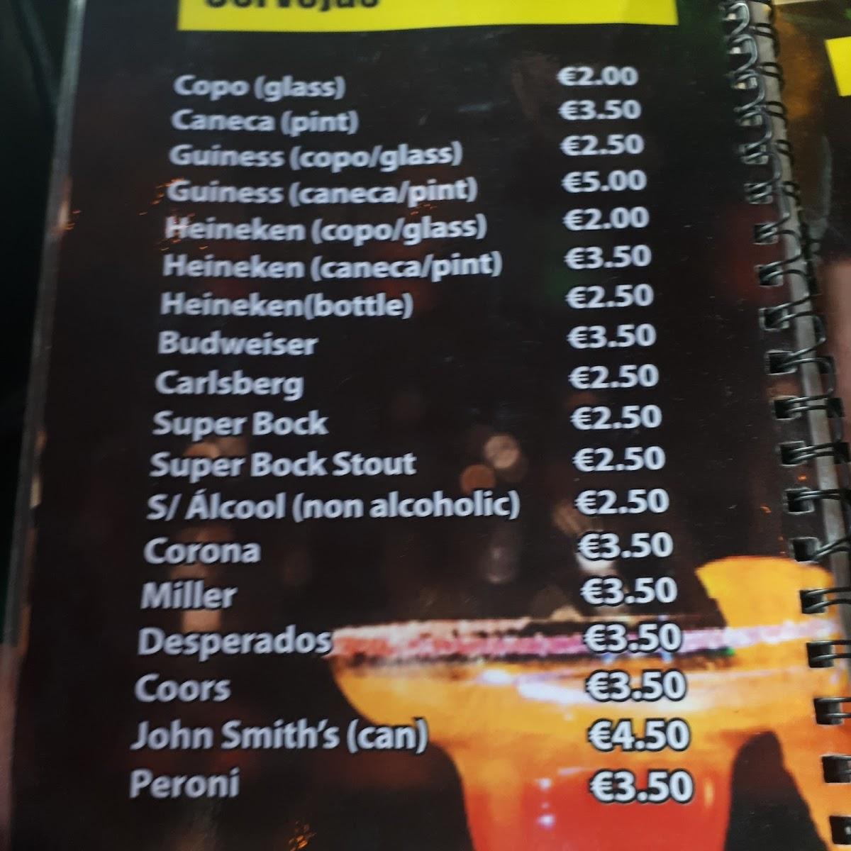 Menu at the irish rover pub & bar, Portimão