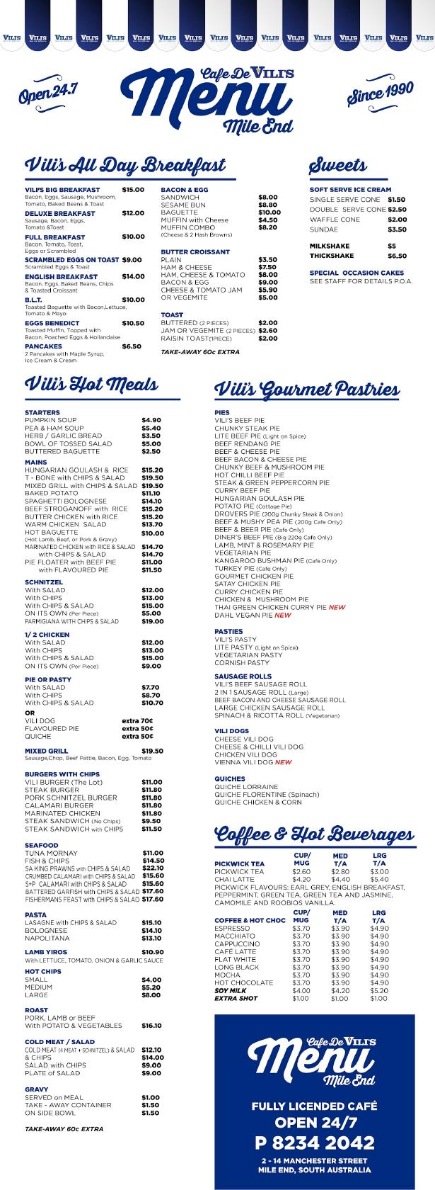Menu at Café De Vili's cafe, Mile End South