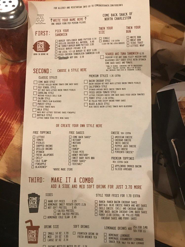 Menu at Come Back Shack restaurant, North Charleston