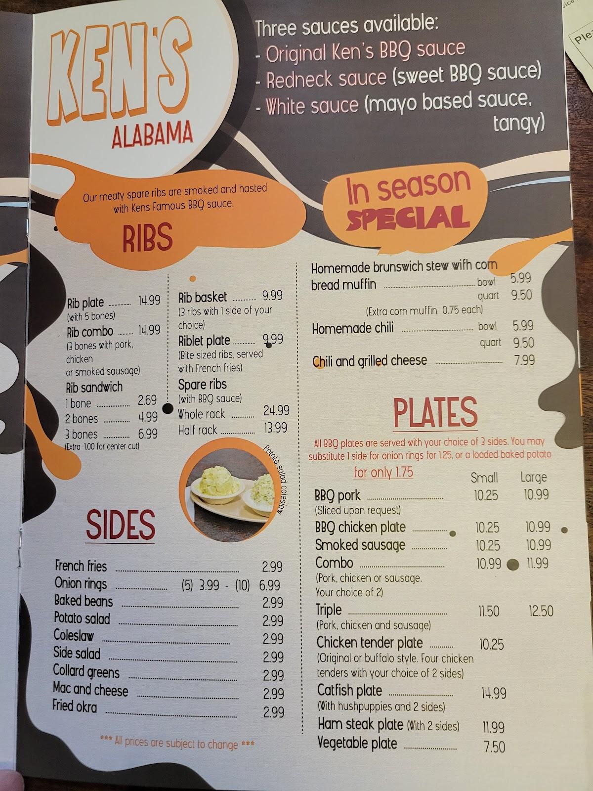 Menu at Ken's Hickory Pit Barbecue, Birmingham, Pinson Valley Pkwy