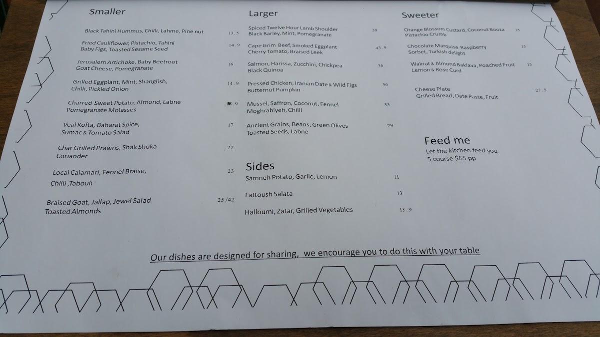 Menu at Syra restaurant, Battery Point