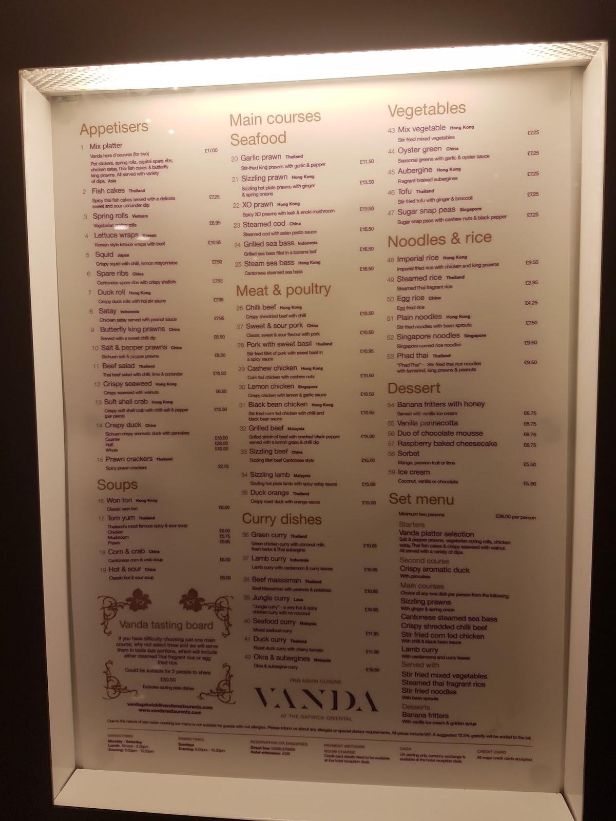Menu at Vanda Restaurant, Horley
