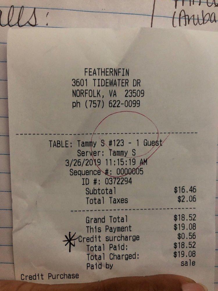 Menu at Feather 'n' Fin restaurant, Norfolk, Tidewater Dr