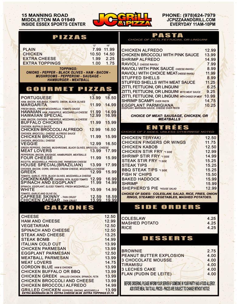 Menu at JC Grill & Pizza at Essex Sports Center pizzeria, Middleton ...