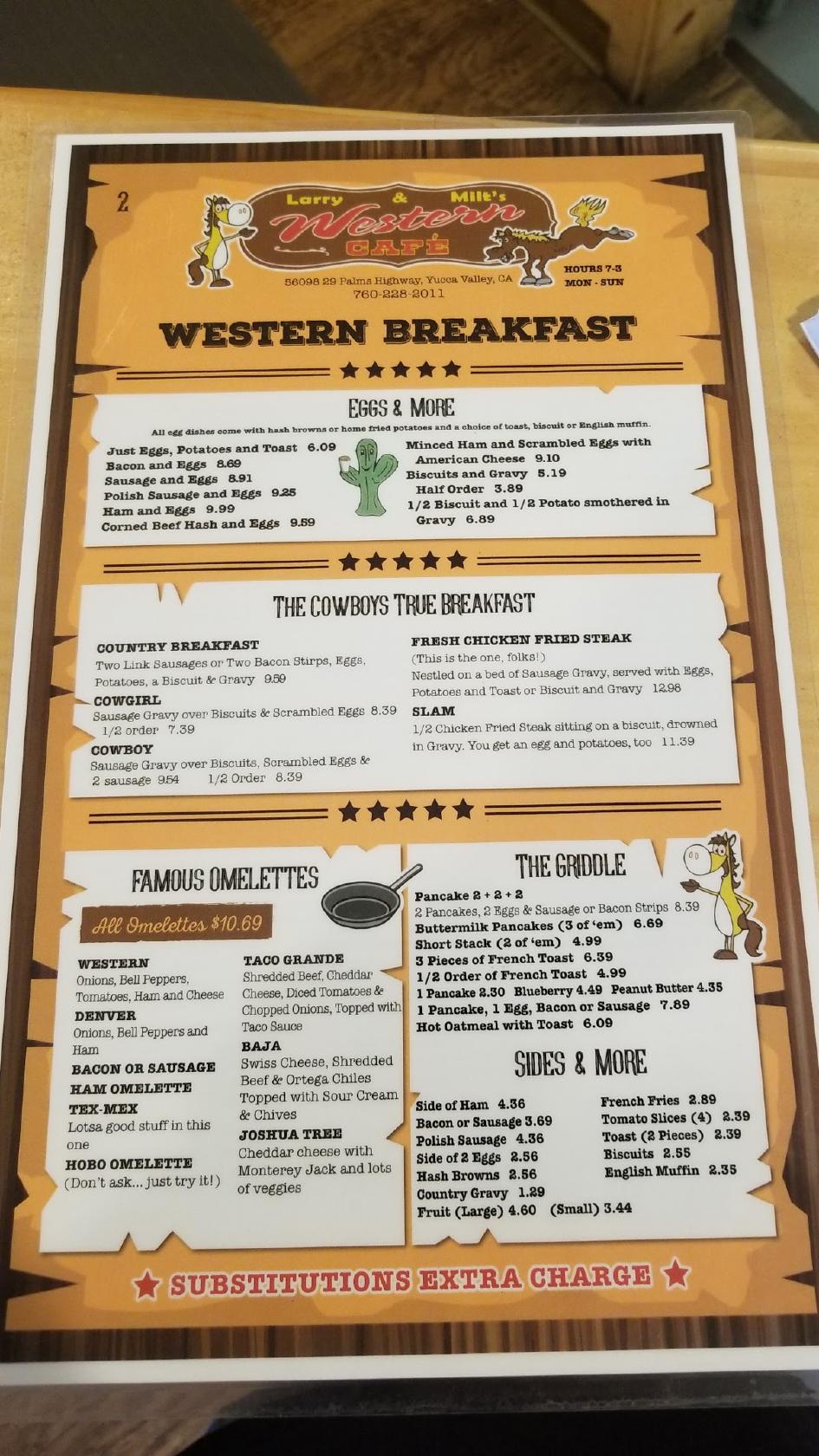 Menu at Western Diner Yucca Valley restaurant, Yucca Valley