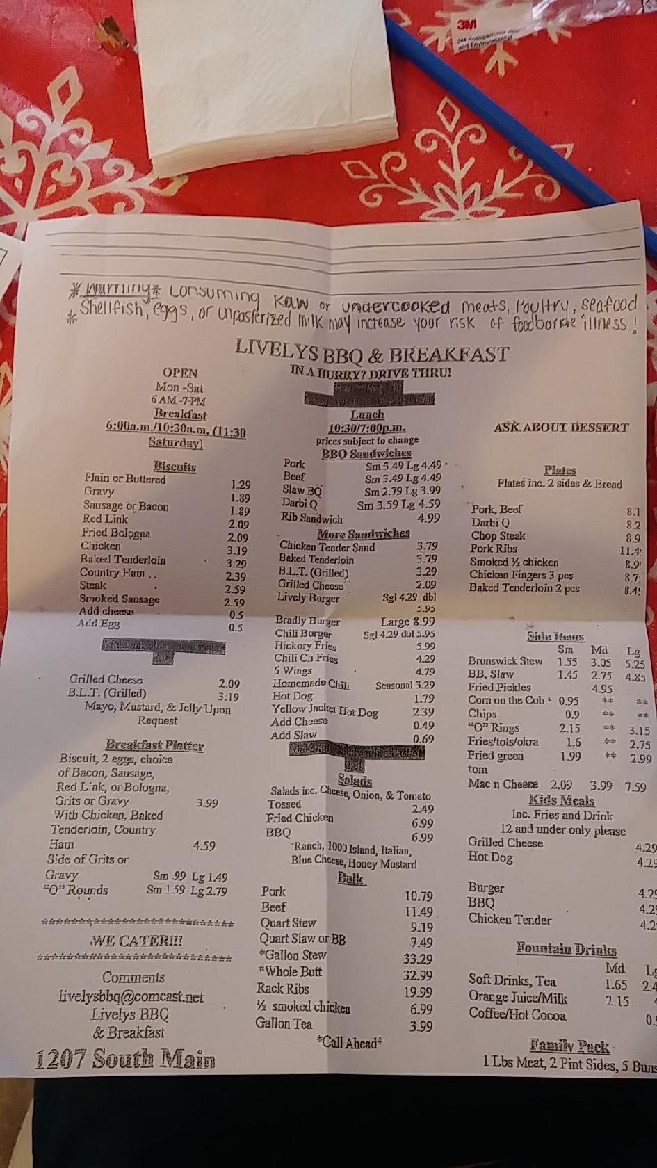 Menu at Livelys BBQ and Breakfast, Cedartown