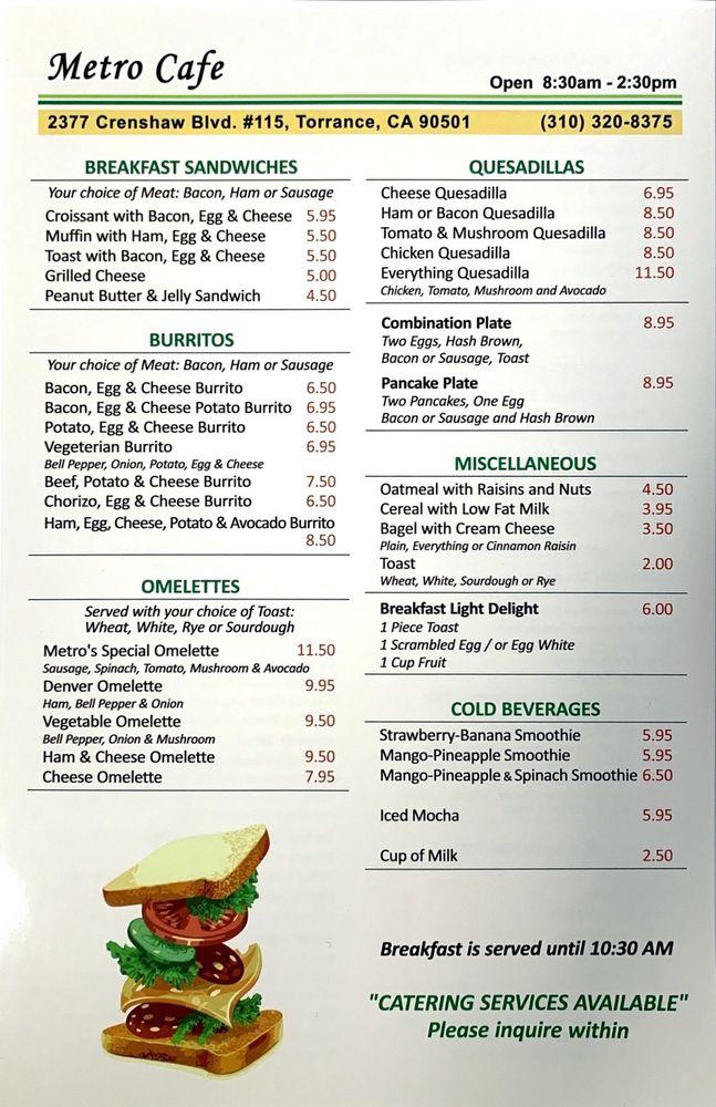 Menu at Metro Cafe, Torrance