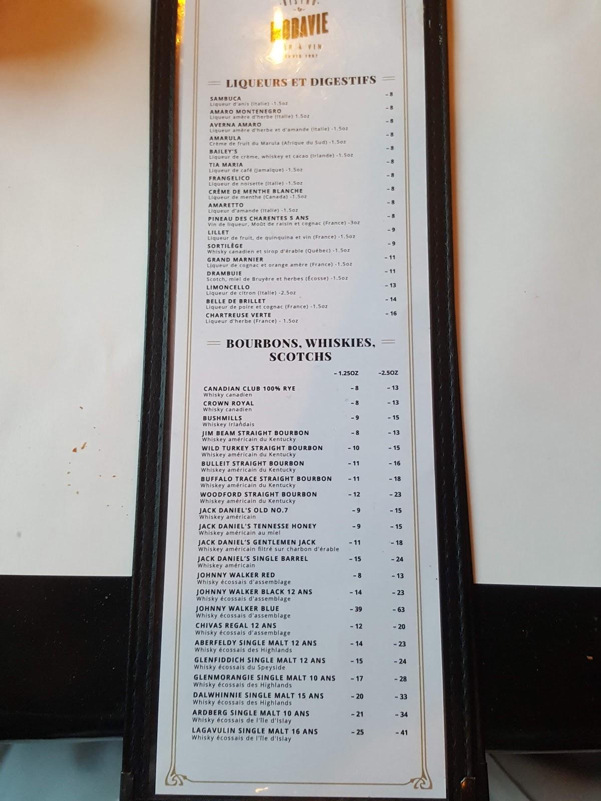 Menu at Modavie restaurant, Montréal, 1 Saint-Paul St W