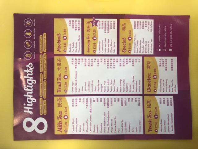 Menu at Mooboo bubble tea, Bristol