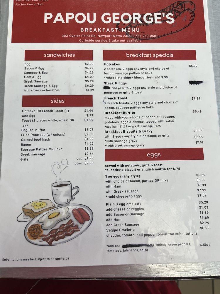 Menu at Papou George's Hot Dogs restaurant, Newport News