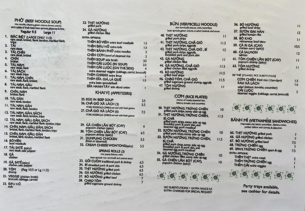 Menu at Pho Fusion restaurant, San Diego, Clairemont Mesa Blvd