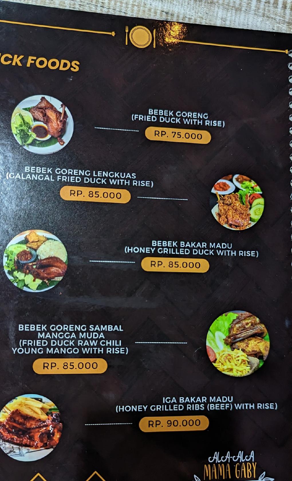 Menu at Angkasa Legian restaurant, Mengwi