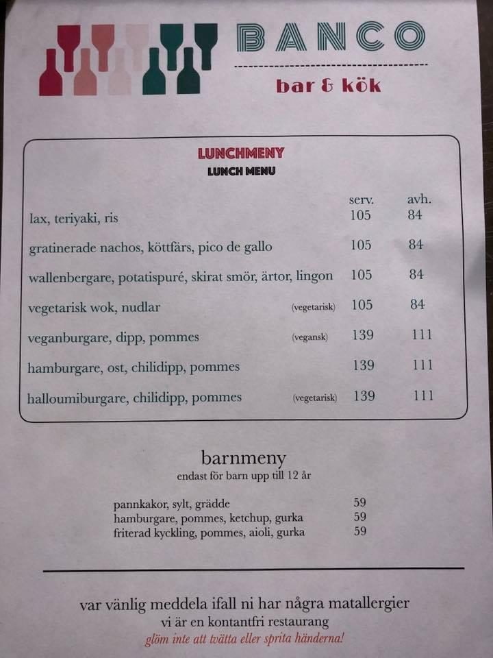 Menu at Banco restaurant, Vadstena