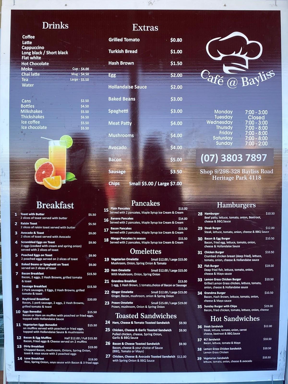 Menu at Cafe at Bayliss, Heritage Park