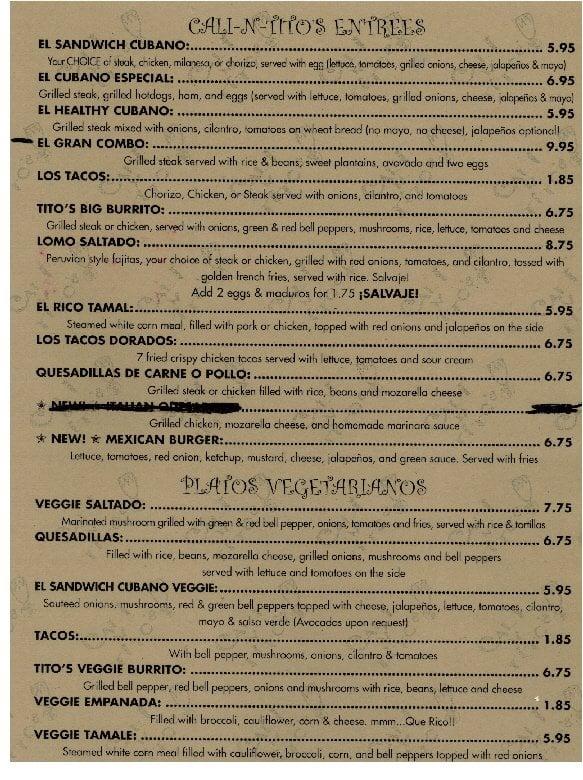 Menu at Cali N Tito's restaurant, Athens, S Lumpkin St