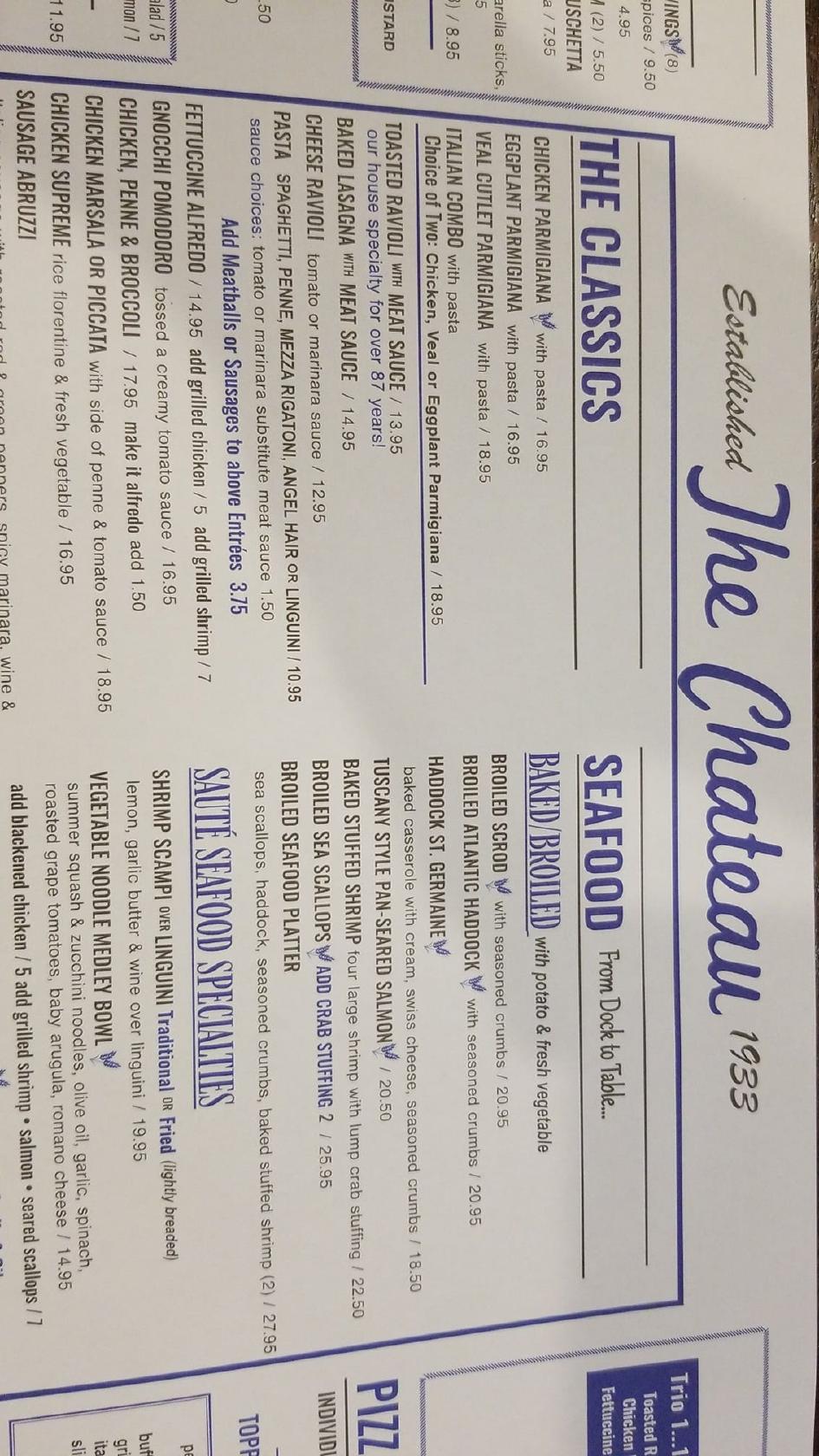 Menu at The Chateau Restaurant Waltham, Waltham, 195 School St