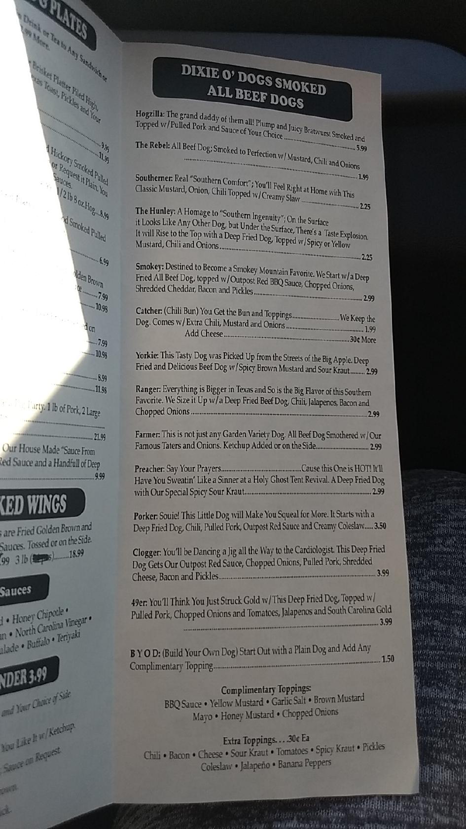 Menu at Dixie Outpost Barbecue, Blountville