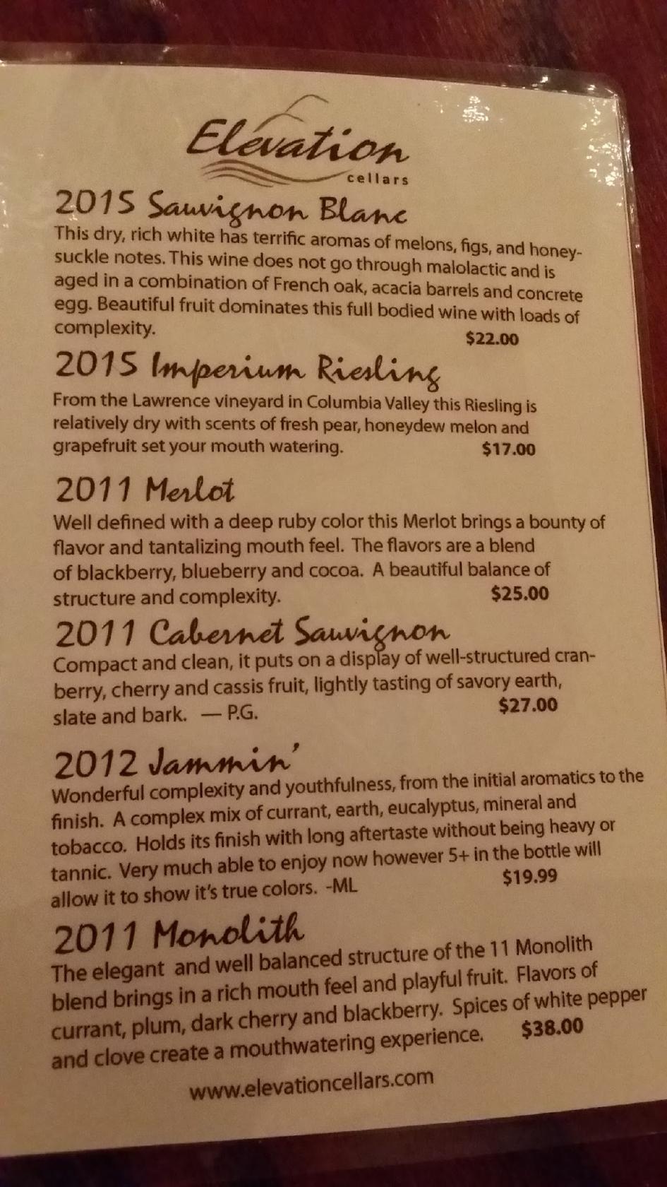 Menu at Elevation Cellars pub & bar, Woodinville