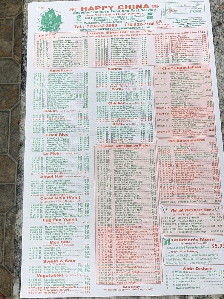 Carta del restaurante Happy China, Peachtree City