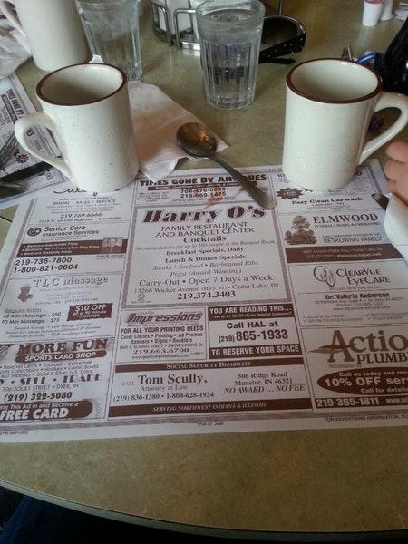Menu at Harry O's restaurant, Cedar Lake