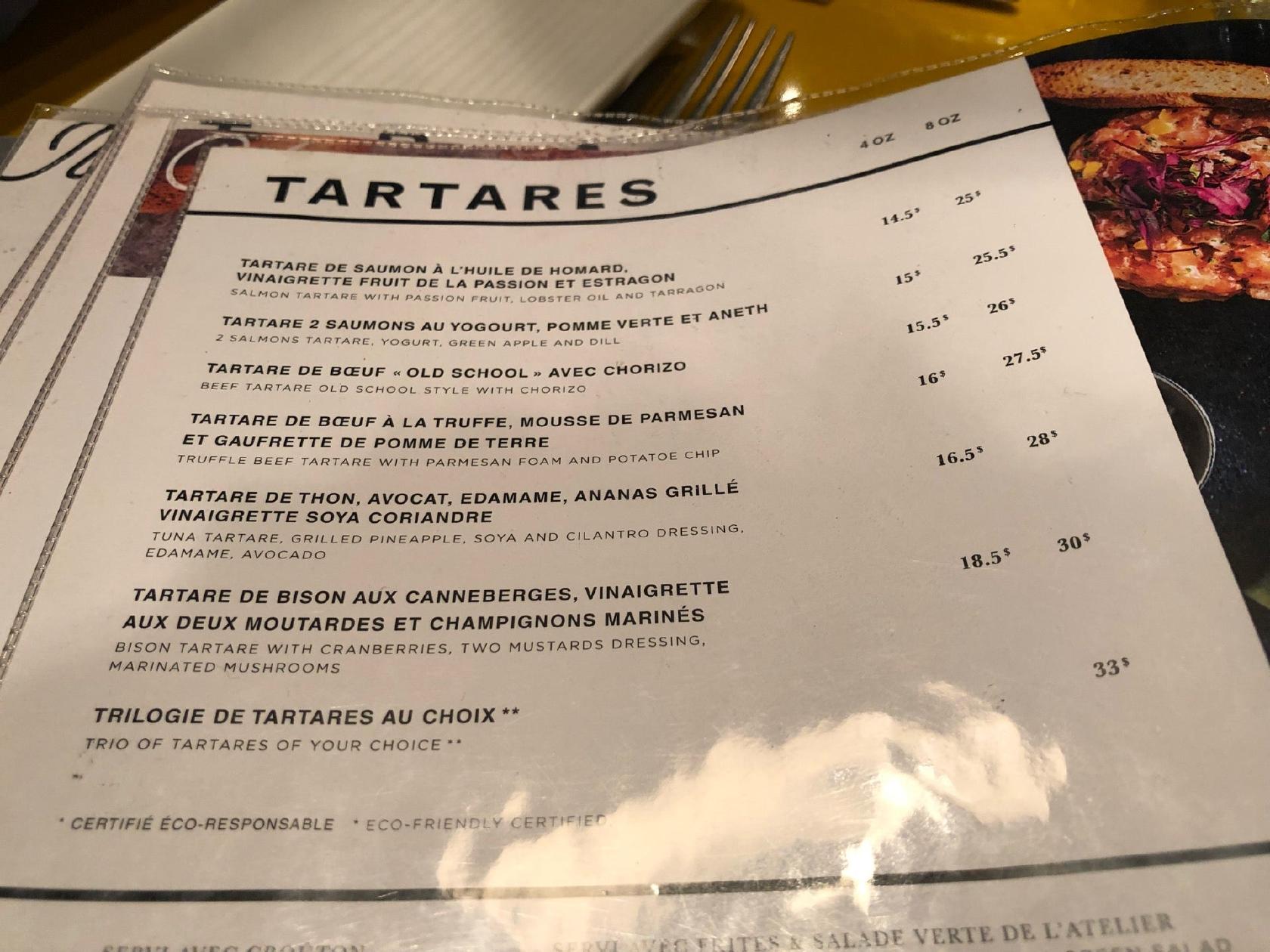 Menu at L'Atelier pub & bar, Québec City, 624 Grande Allée E