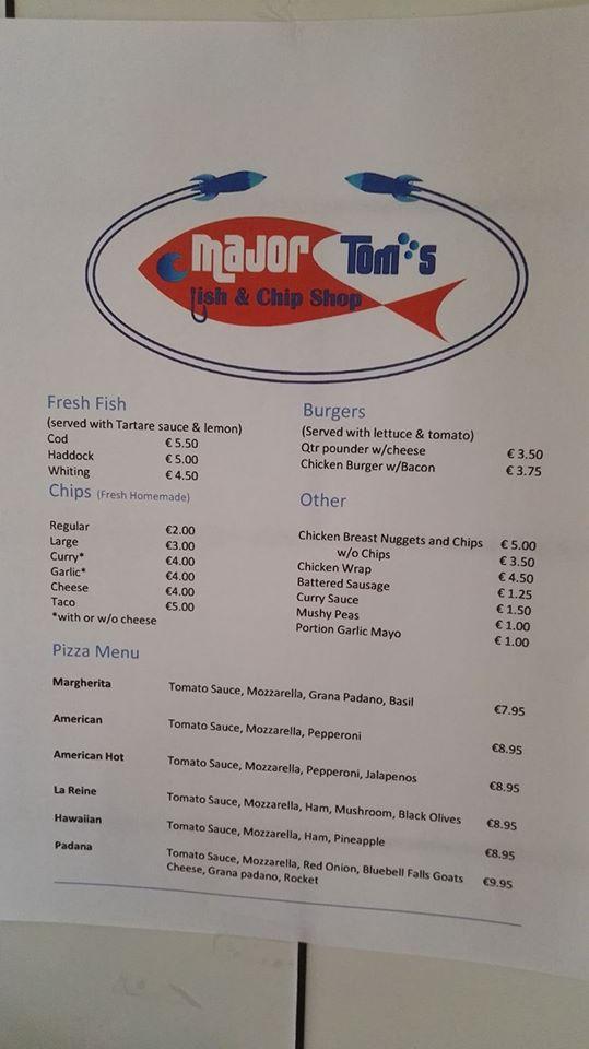 Menu at Major Tom's Fish and Chip Shop restaurant, Cratloe